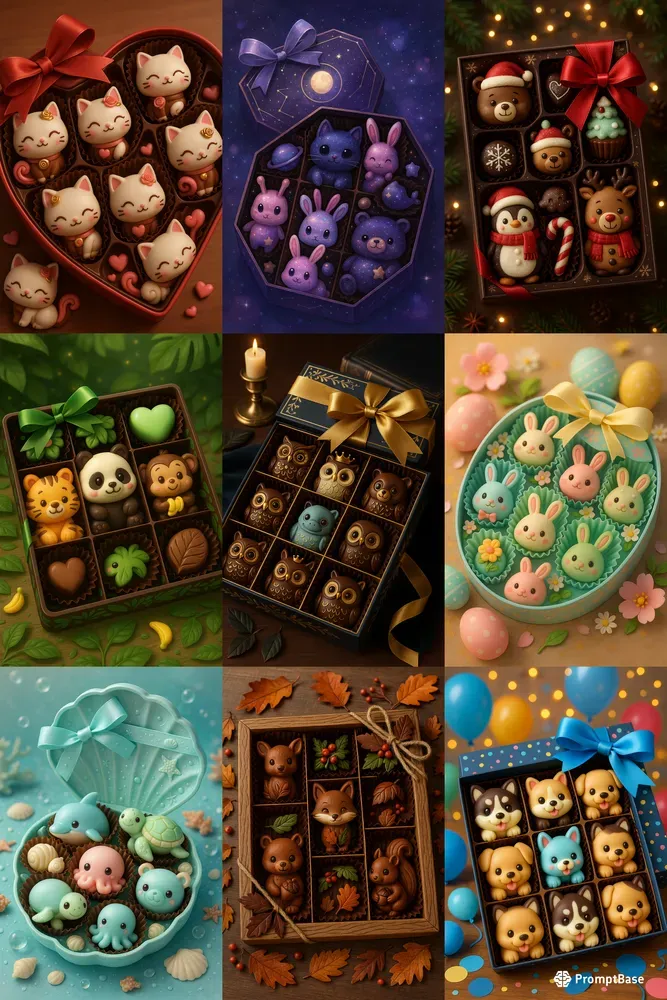 Whimsical Animal Chocolate Boxes ChatGPT Image Prompt | PromptBase
