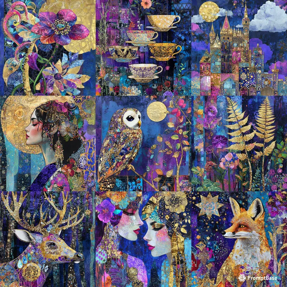 Opulent Fantasy Collage Art Midjourney Prompt | PromptBase