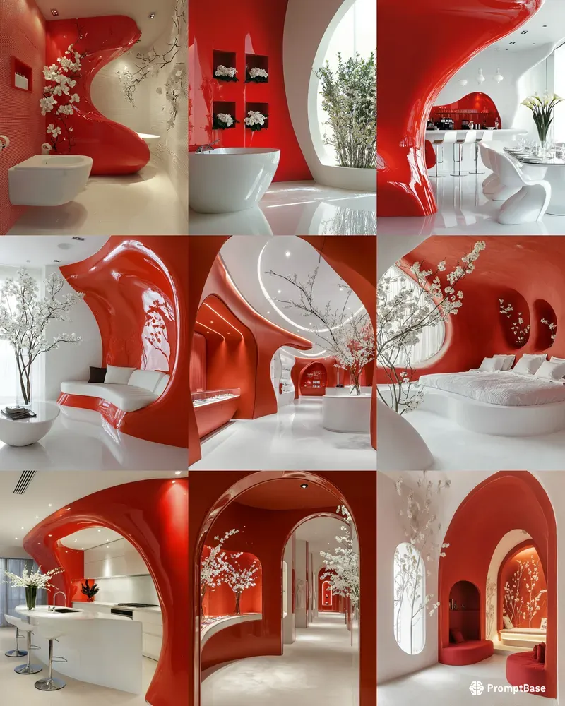 Modern Curved Red Interiors Midjourney Prompt | PromptBase