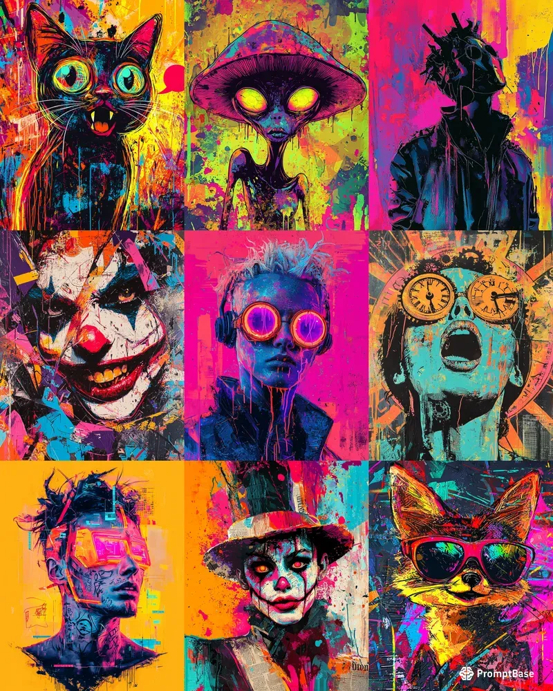 Pop Art Surrealism Neon Chaos Portraits Midjourney Prompt | PromptBase