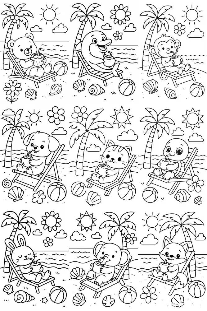 Summer Beach Animal Coloring Pages ChatGPT Image Prompt | PromptBase