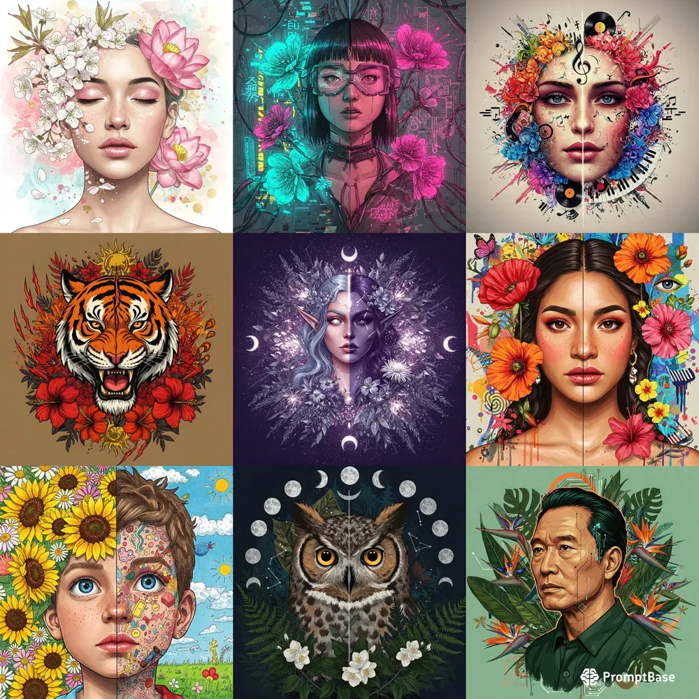 Vibrant Floral Split Portraits DALL·E Prompt | PromptBase