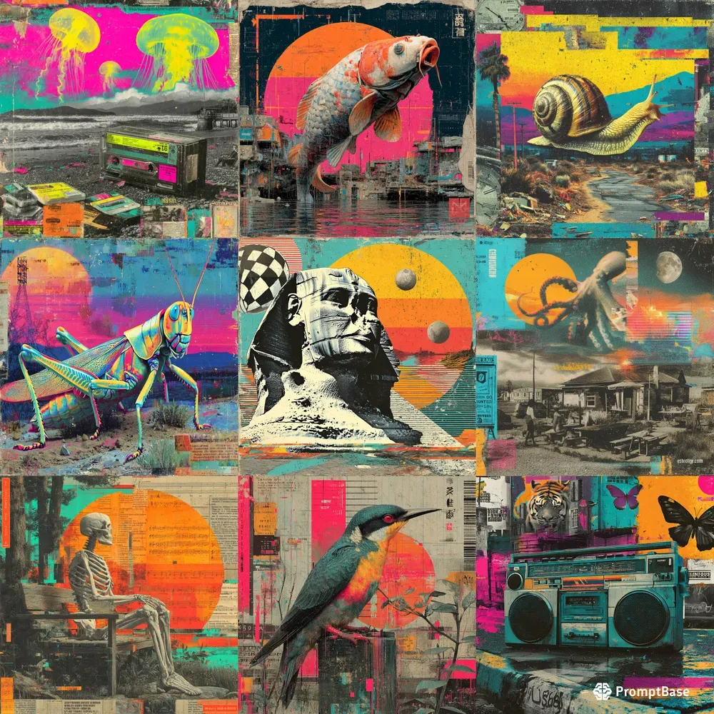 Neon Surreal Collage Mashup Packs Midjourney Prompt | PromptBase
