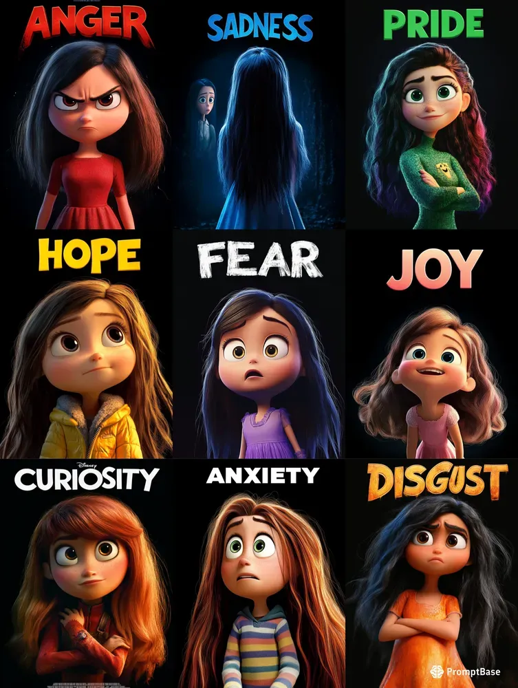 Emotions Posters In Pixar Style Midjourney Prompt | PromptBase