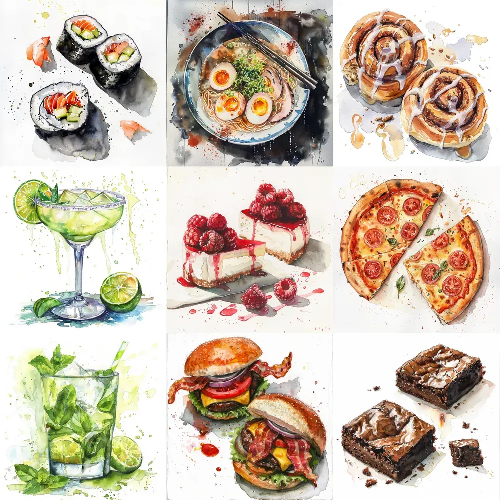 Watercolor Foods And Drinks Midjourney Prompt | PromptBase