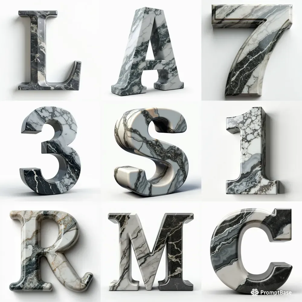Marble 3D Letters And Numbers FLUX Prompt | PromptBase