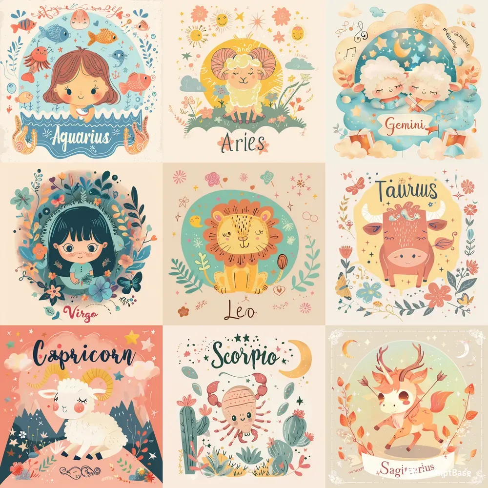Whimsical Kids Zodiac Signs Illustrations Midjourney Prompt | PromptBase