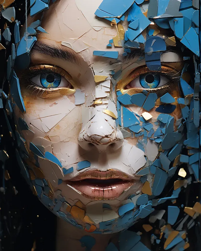 Closeup Portraits Decomposed Mixed Art Midjourney Prompt | PromptBase