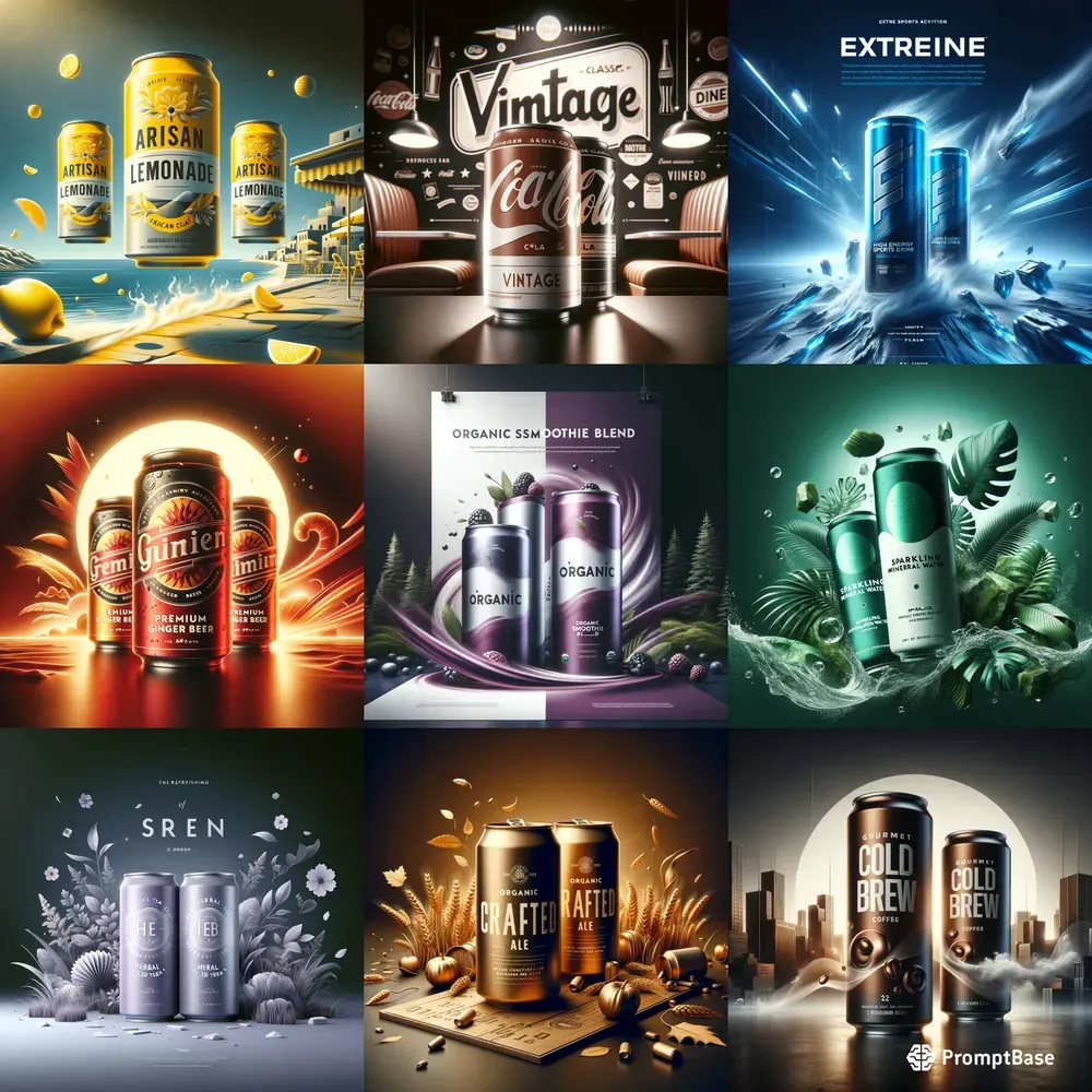 Strong Visual Posters For Canned Drinks DALL·E Prompt | PromptBase