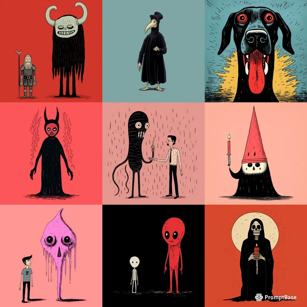 Supercute Whimsical Horror Illustrations Midjourney Prompt | PromptBase