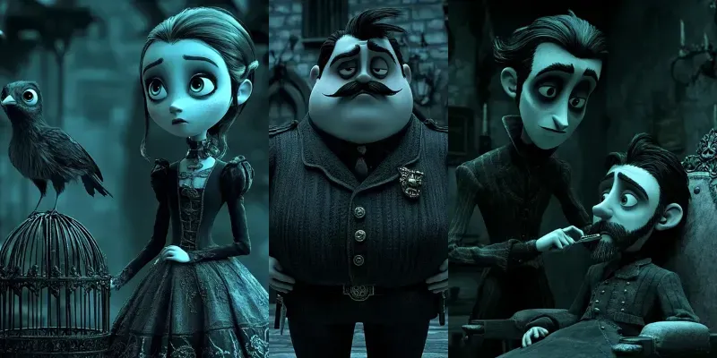 Tim Burton Animation Style Scenes Generator App | PromptBase