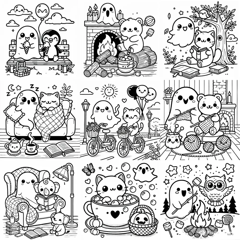 Cozy Ghost Adventure Coloring Pages DALL·E Prompt | PromptBase