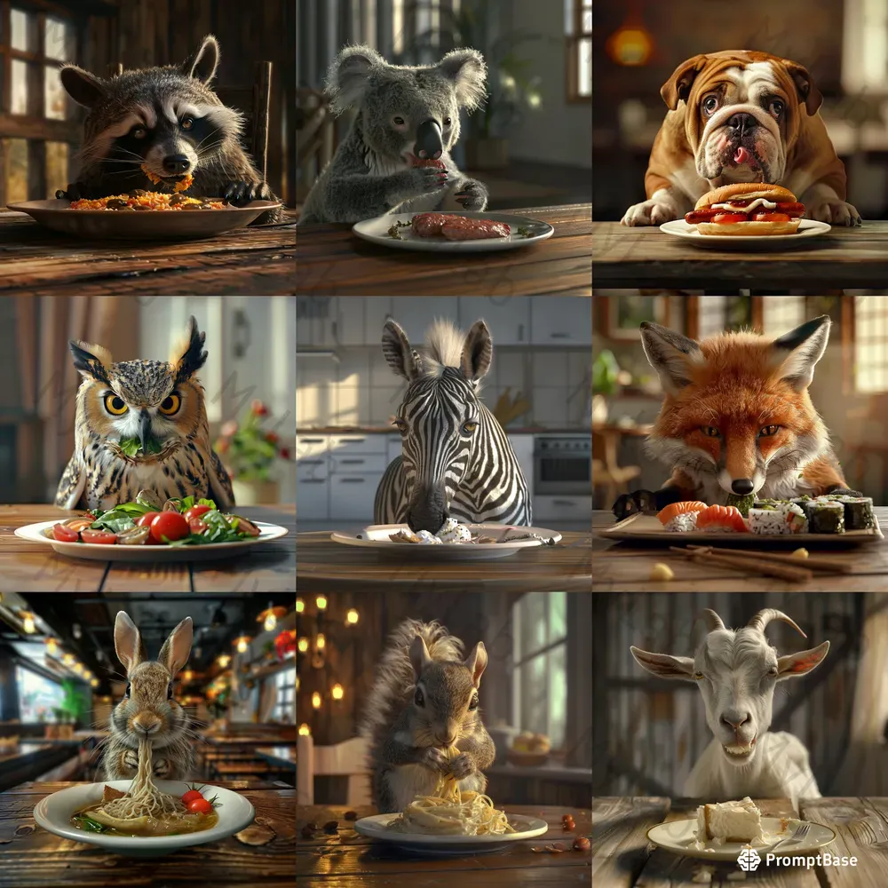Real Animals Eat In Tables Midjourney Prompt | PromptBase