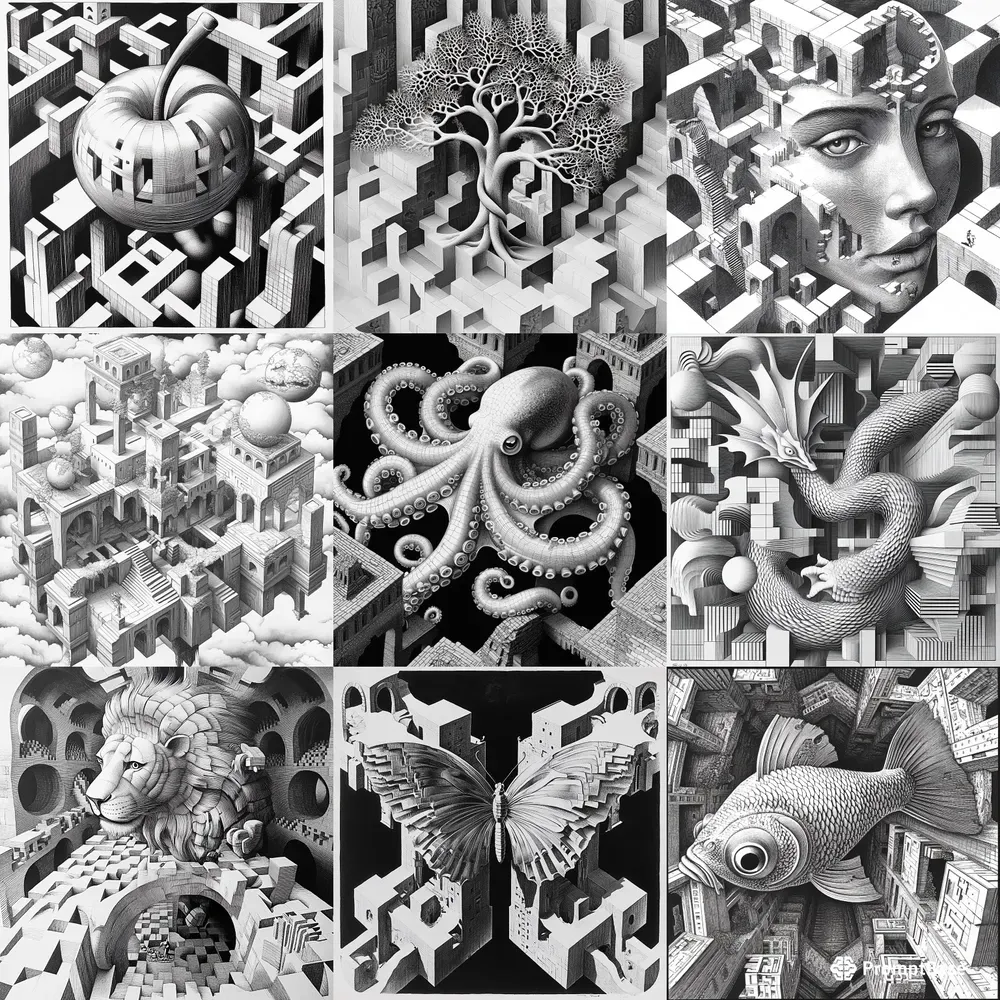 Mindbending Illusions Eschers Worlds Midjourney Prompt | PromptBase