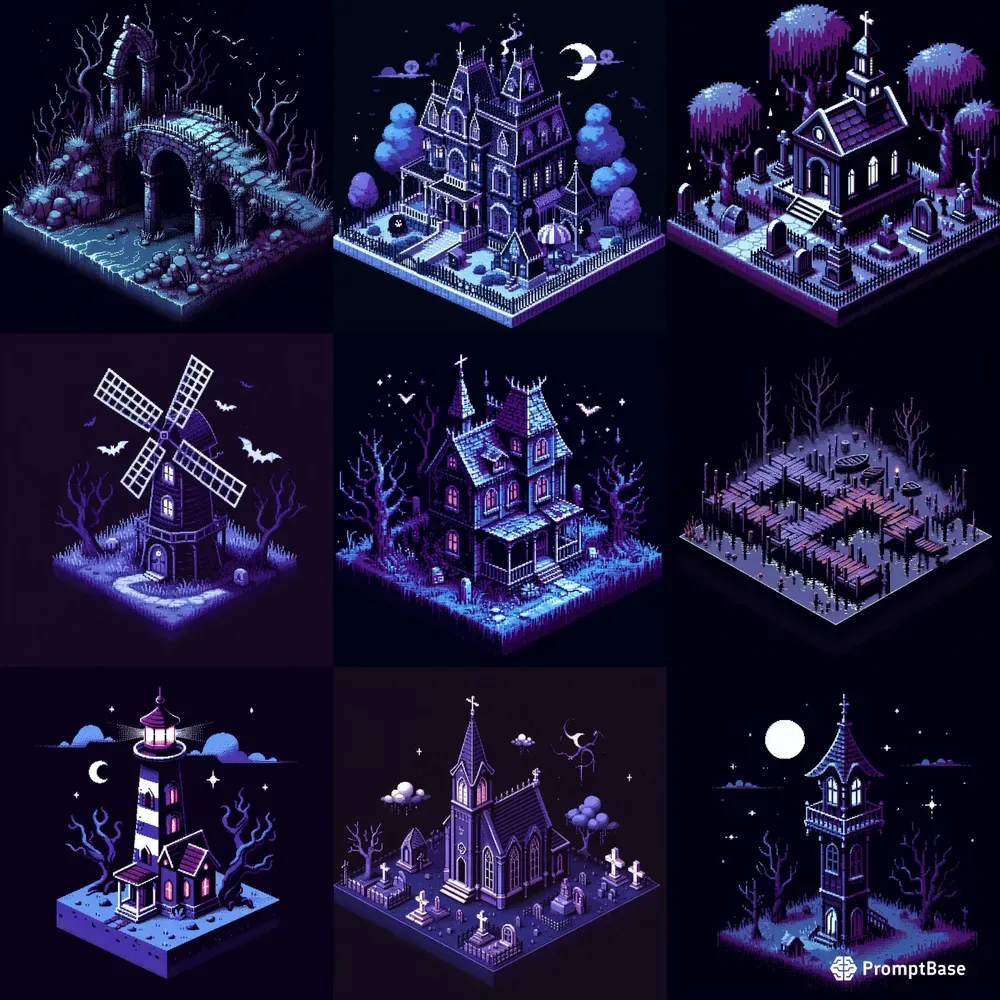 Isometric Spooky Pixel Art Buildings DALL·E Prompt | PromptBase
