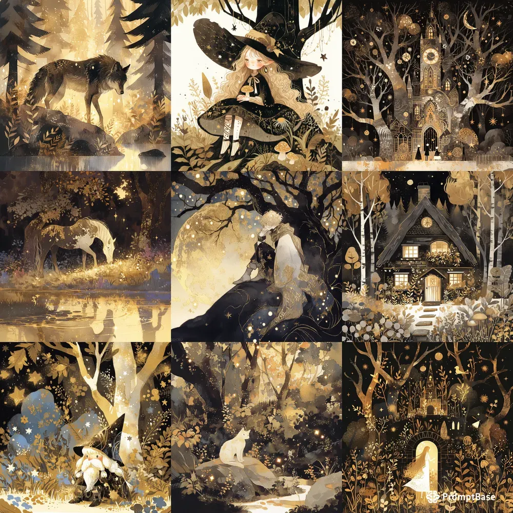 Golden Fantasy Storybook Scenes Midjourney Prompt | PromptBase