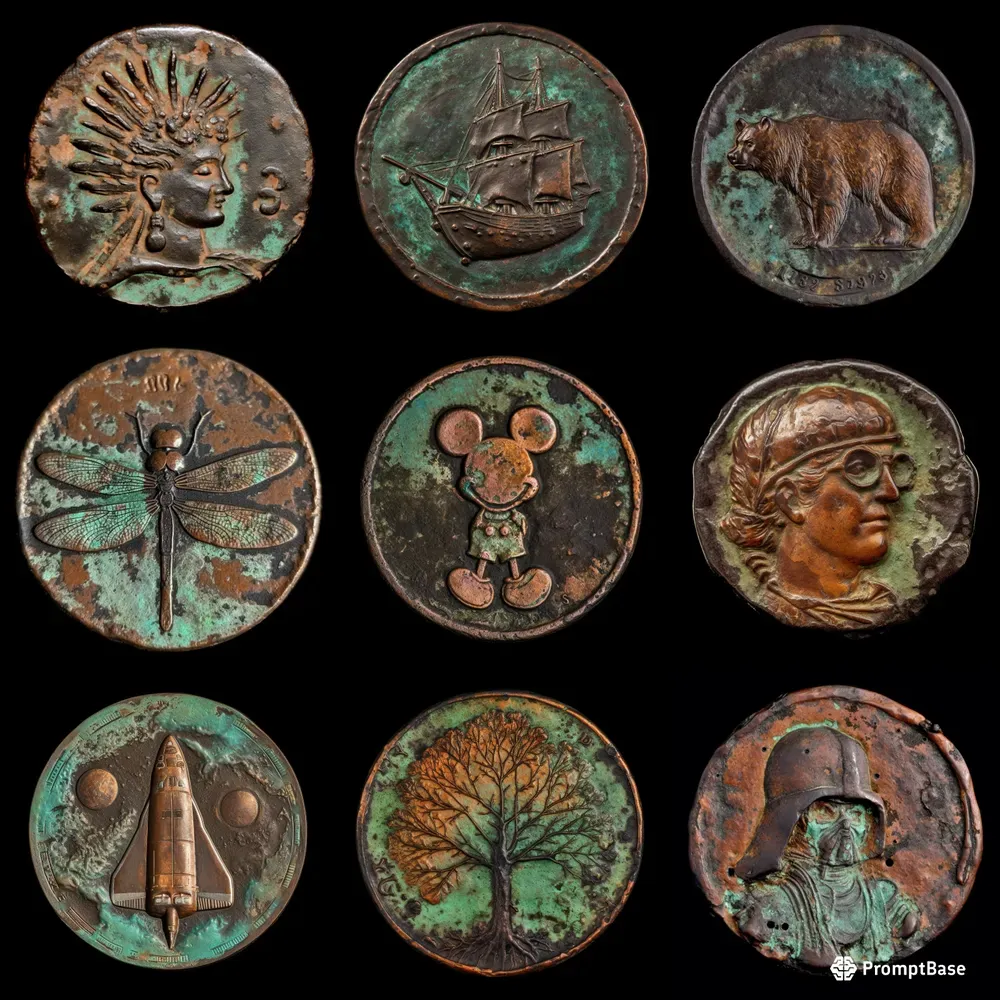 Oxidized Copper Coins Midjourney Prompt | PromptBase