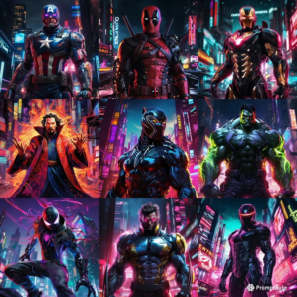 Neon Marvel Heroes In The Worlds Of Cyber Midjourney Prompt | PromptBase