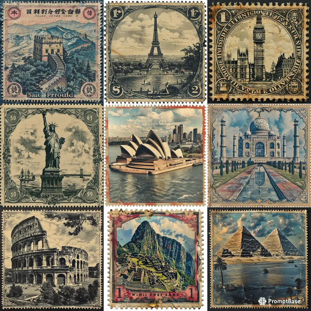 Vintage Postage Stamp Collections Midjourney Prompt | PromptBase