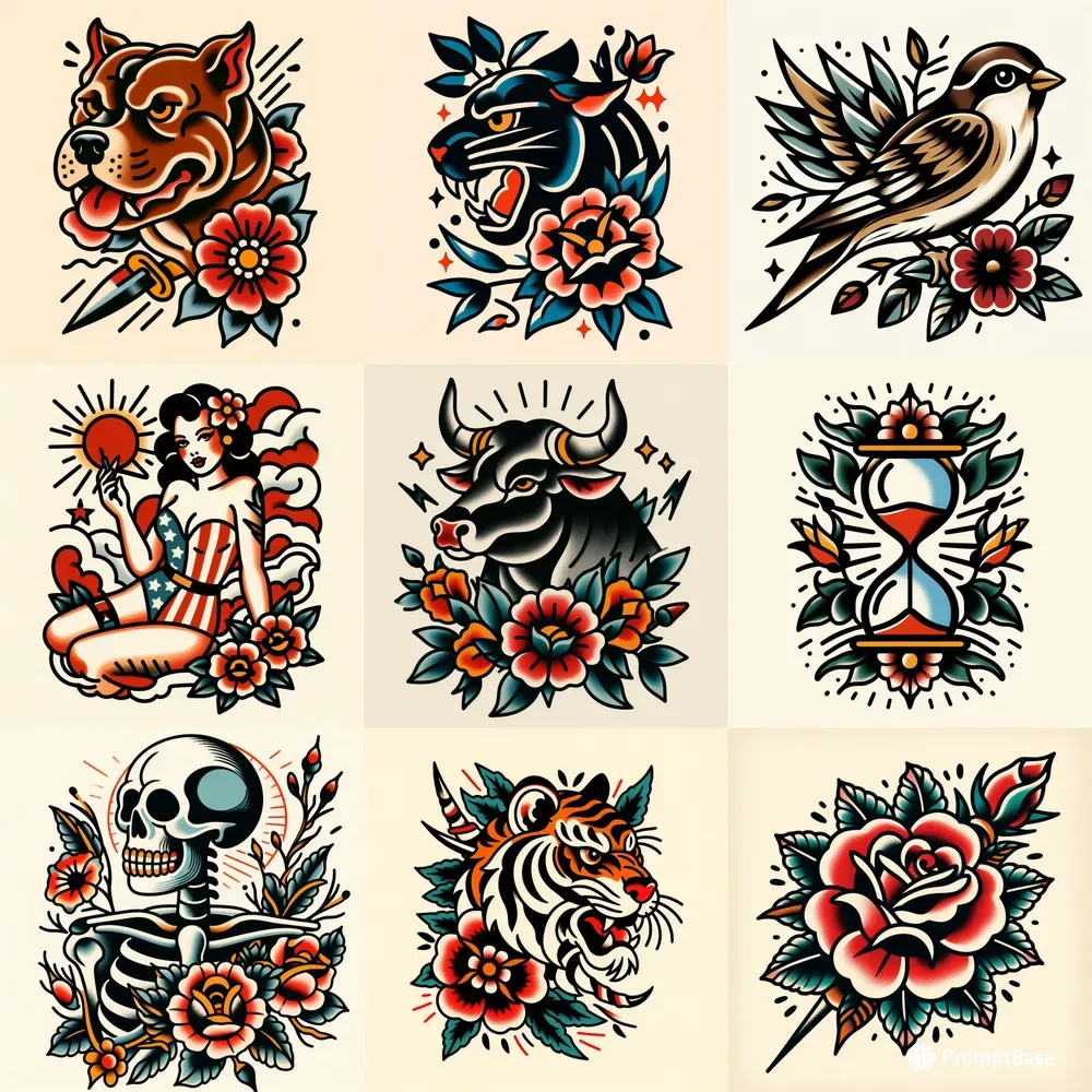 Vibrant Traditional Flash Tattoos DALL·E Prompt | PromptBase