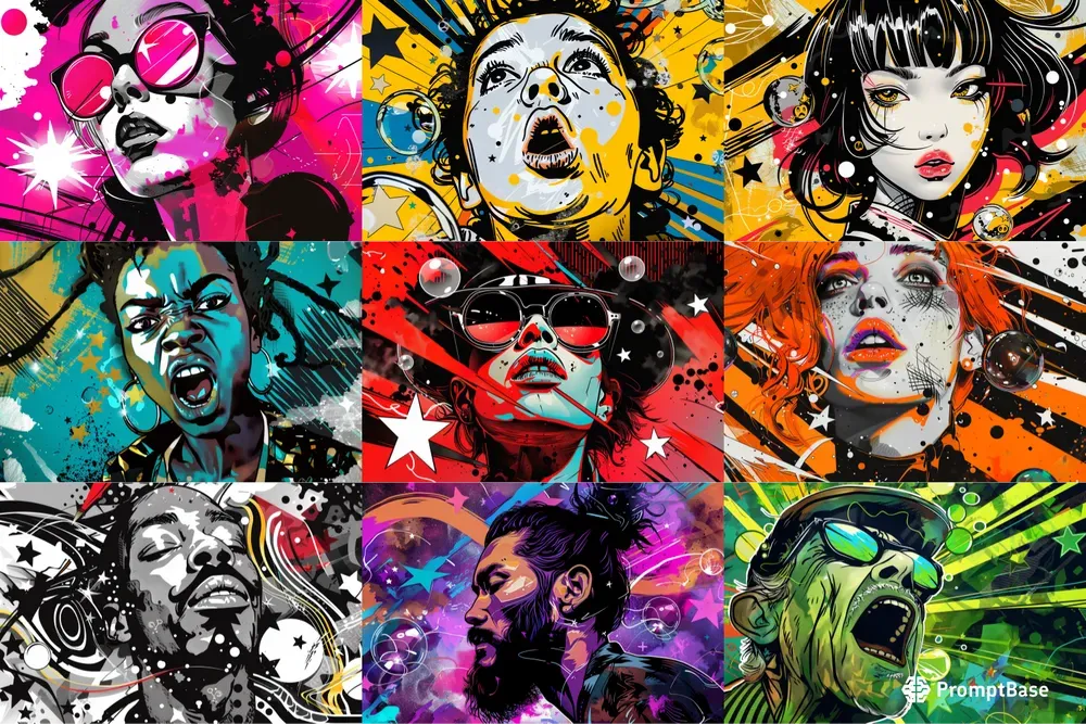 Dynamic Faces Pop Art Comics Midjourney Prompt | PromptBase