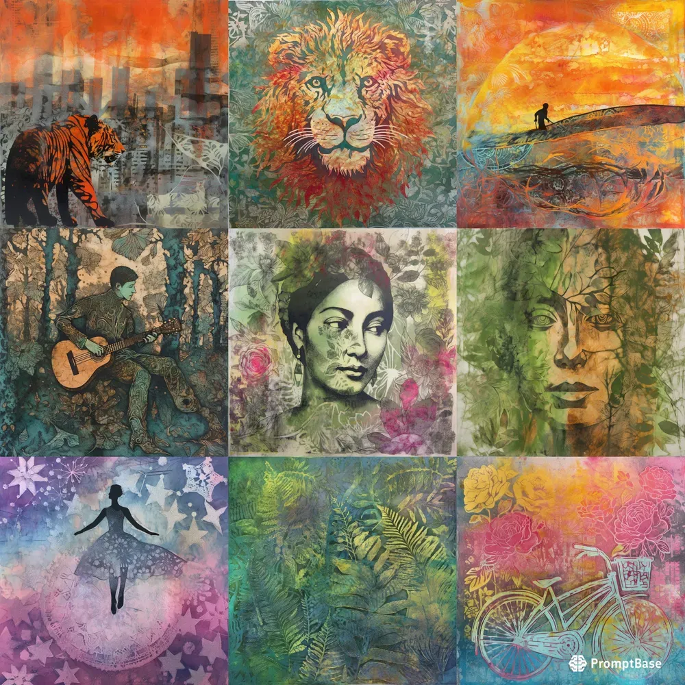 Layered Gelli Plate Monoprints Midjourney Prompt | PromptBase