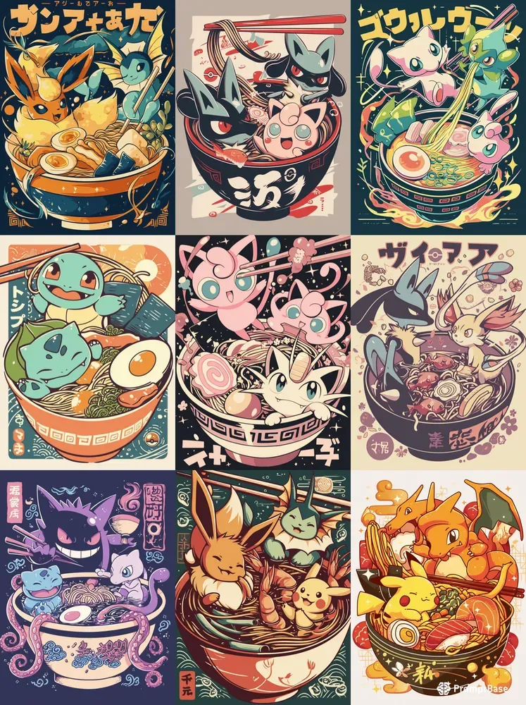 Ramen Bowl Pokemon Tshirt Designs Midjourney Prompt | PromptBase