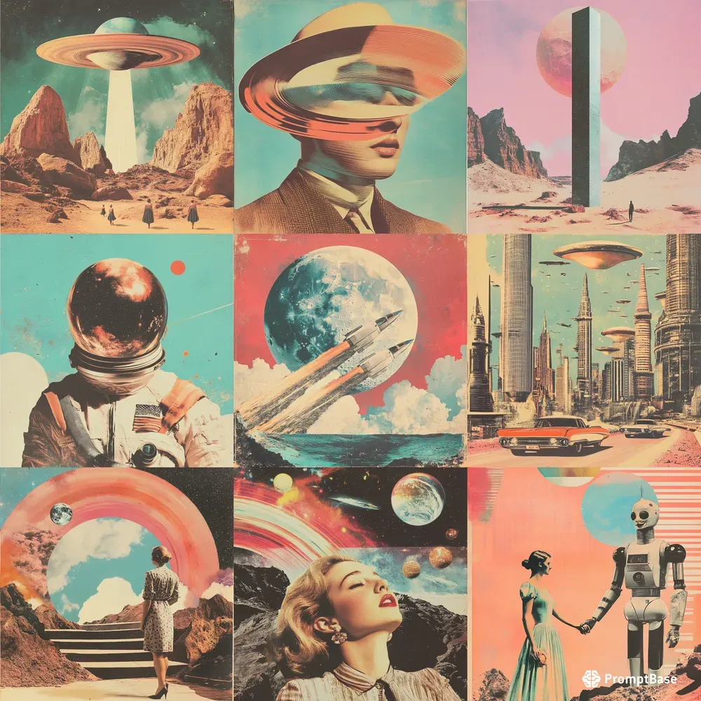 Surreal Retro Futurism Collage Posters Midjourney Prompt | PromptBase