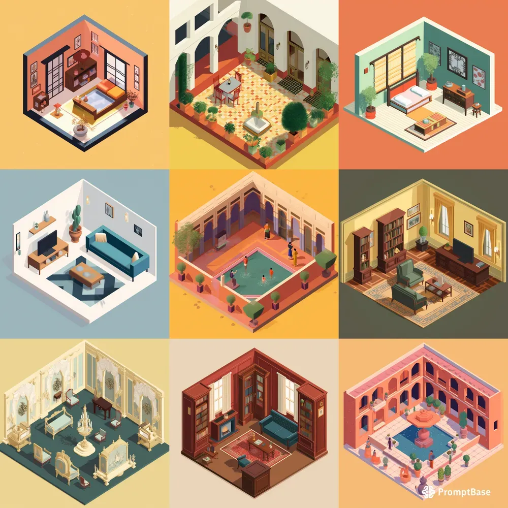 2D Isometric Interior Space Illustrations Midjourney Prompt | PromptBase
