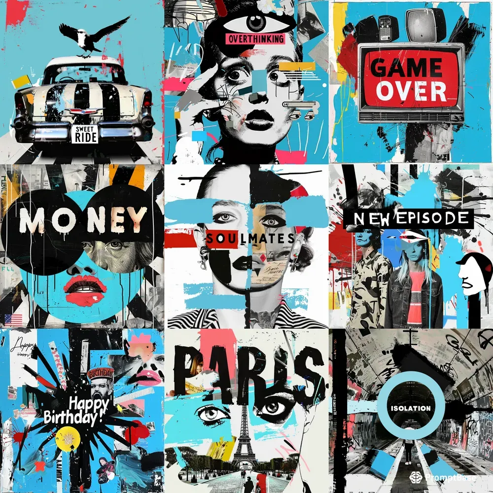 Modern Collage Art With Text Midjourney Prompt | PromptBase