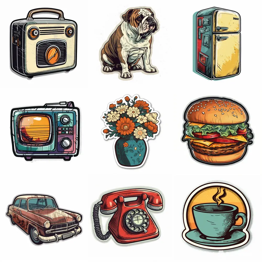 Vintage Retro Stickers Of Any Objects Midjourney Prompt | PromptBase