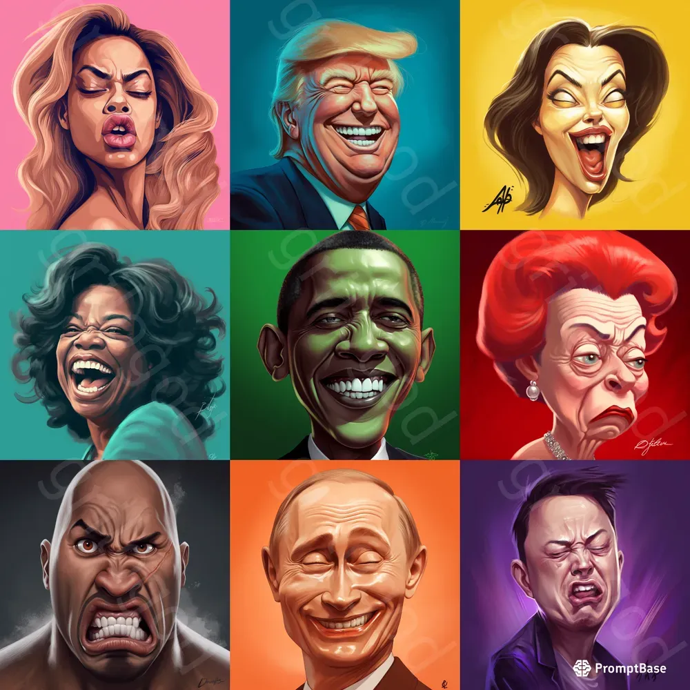 Exaggerated Caricatures Of Celebrities Midjourney Prompt | PromptBase