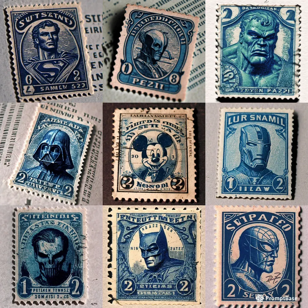 Vintage Character Postage Stamps Midjourney Prompt | PromptBase