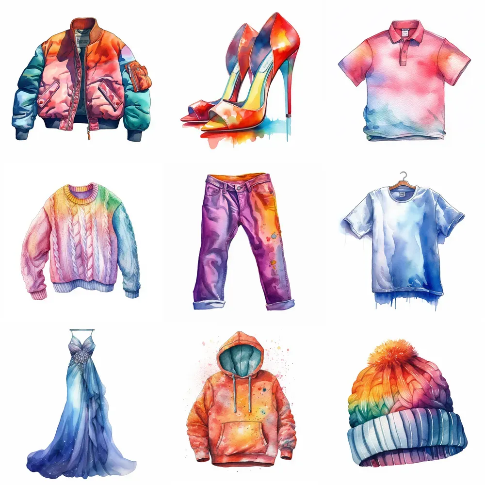 Clothing Watercolor Cliparts Fashion Art Midjourney Prompt | PromptBase