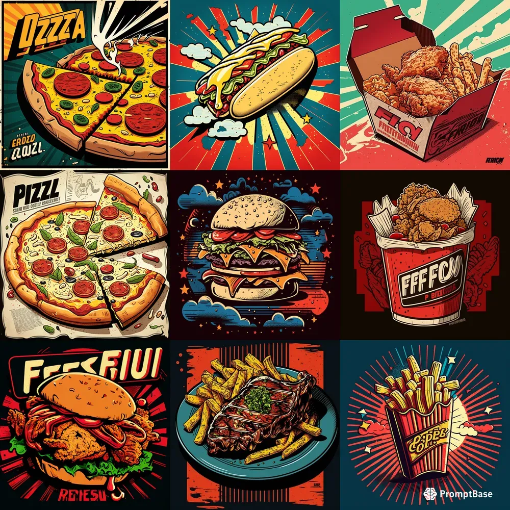 Fast Food Dishes 90s Comic Book Style Midjourney Prompt | PromptBase