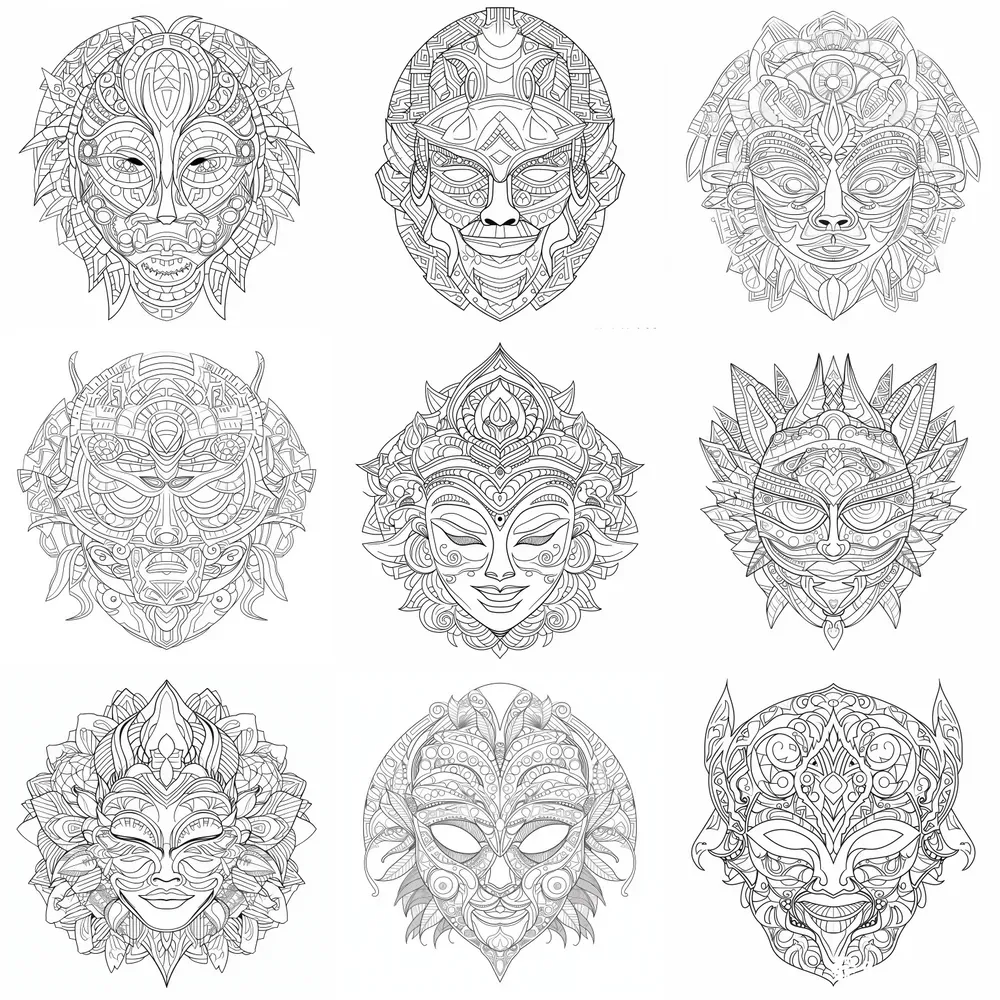Mandala Mask Coloring Pages Midjourney Prompt | PromptBase