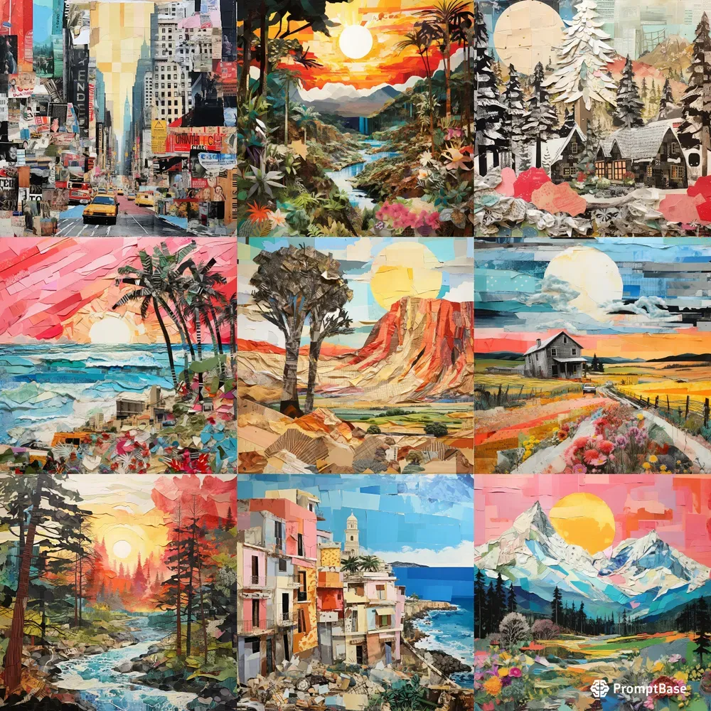 Paper Collage Landscapes Newspaper Art Midjourney Prompt | PromptBase