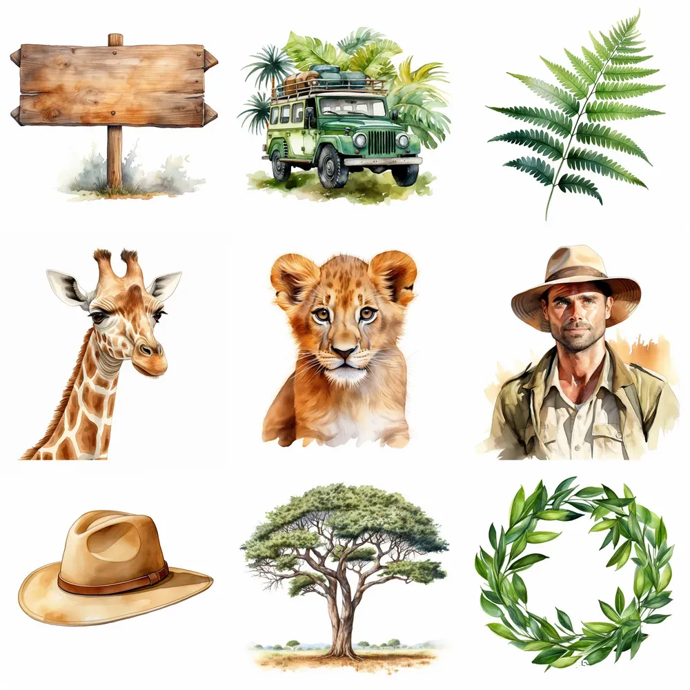 African Safari Watercolor Cliparts Travels Midjourney Prompt | PromptBase
