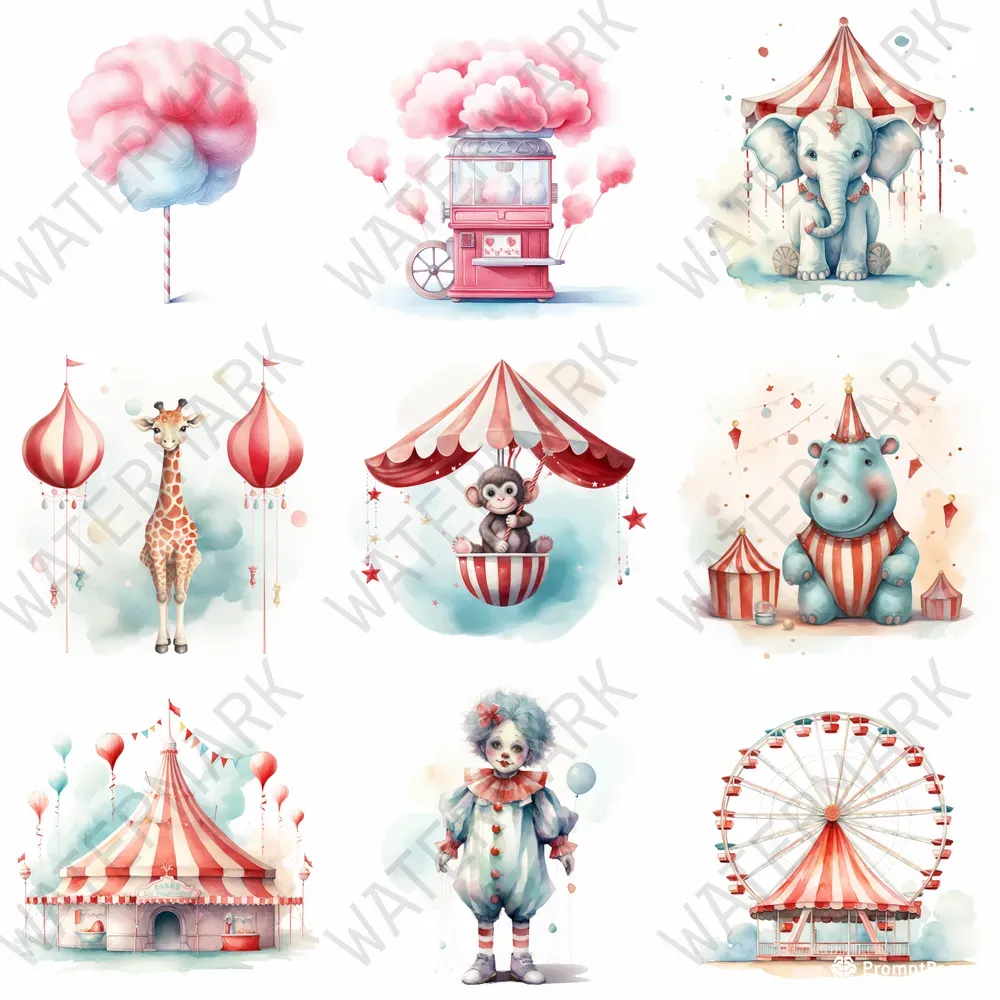 Circus Watercolor Clipart Nursery Art Midjourney Prompt | PromptBase