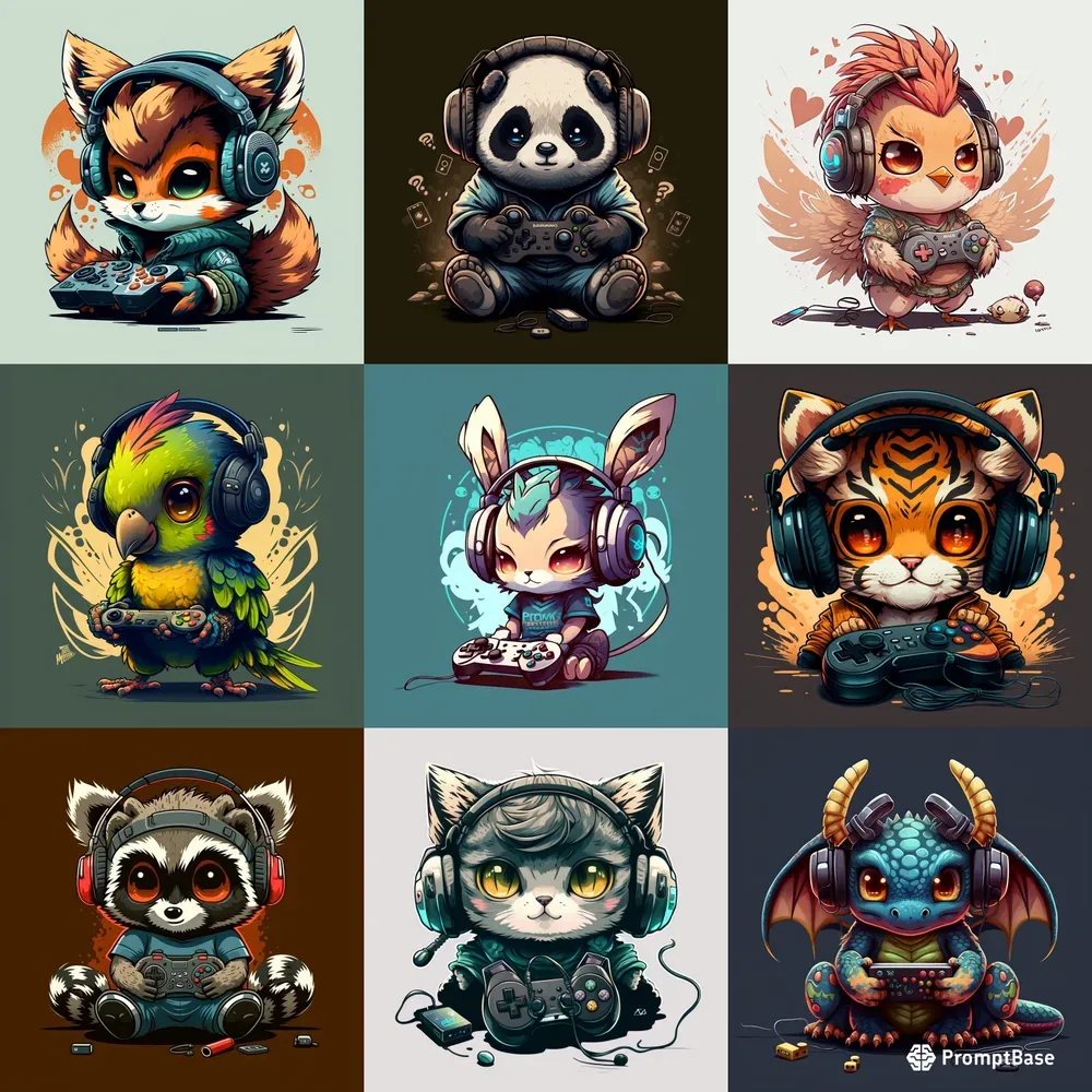 Awesome Gamer Animal T-shirt Designs Midjourney Prompt | PromptBase