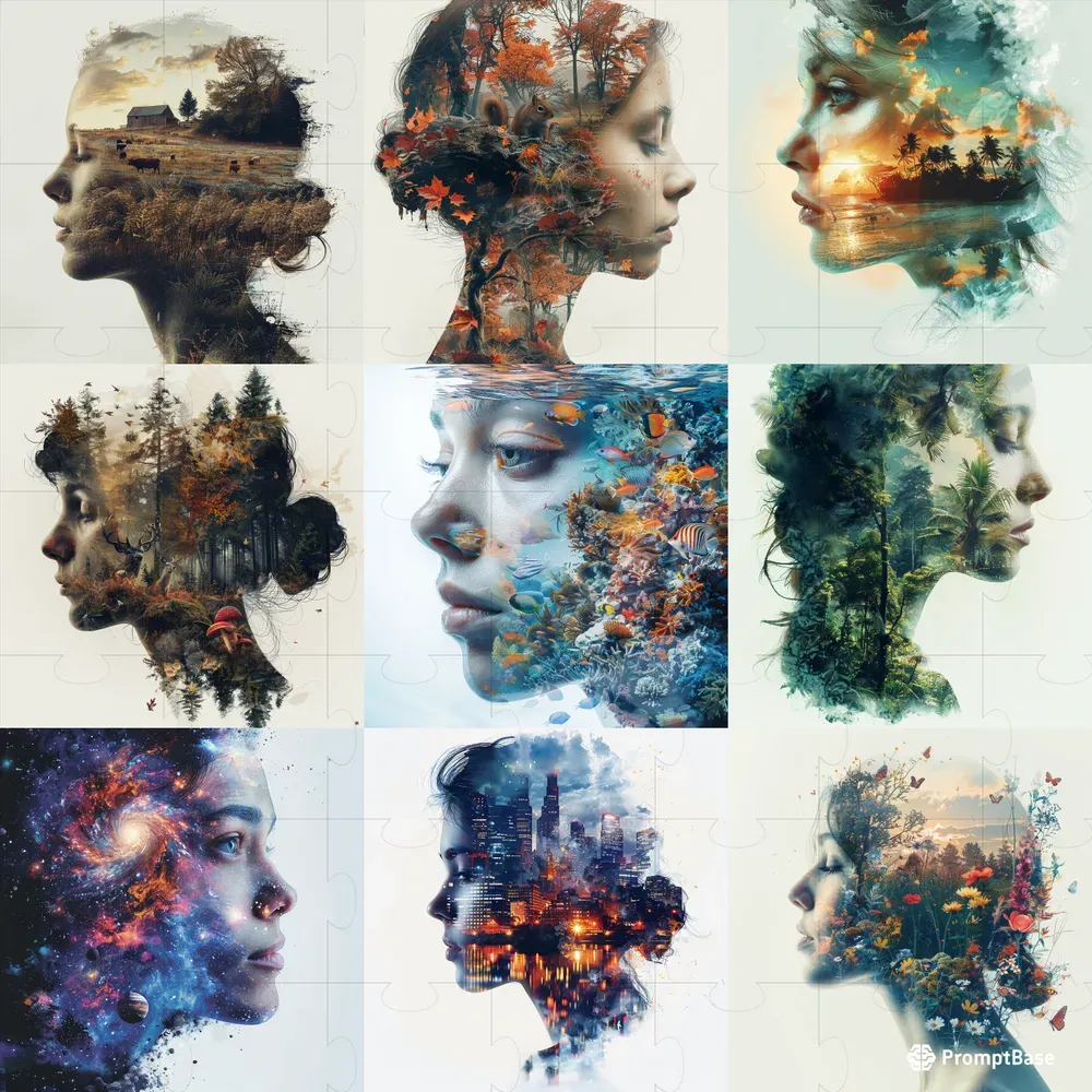 Artistic Double Exposures In Surrealism Midjourney Prompt | PromptBase