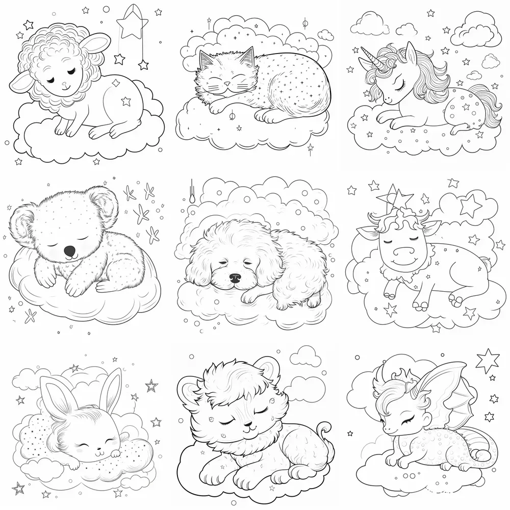 Coloring Cozy Animals Sleeping On Clouds Midjourney Prompt | PromptBase
