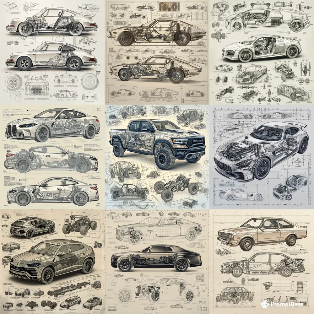 Technical Hand Drawn Cars Projects Midjourney Prompt | PromptBase