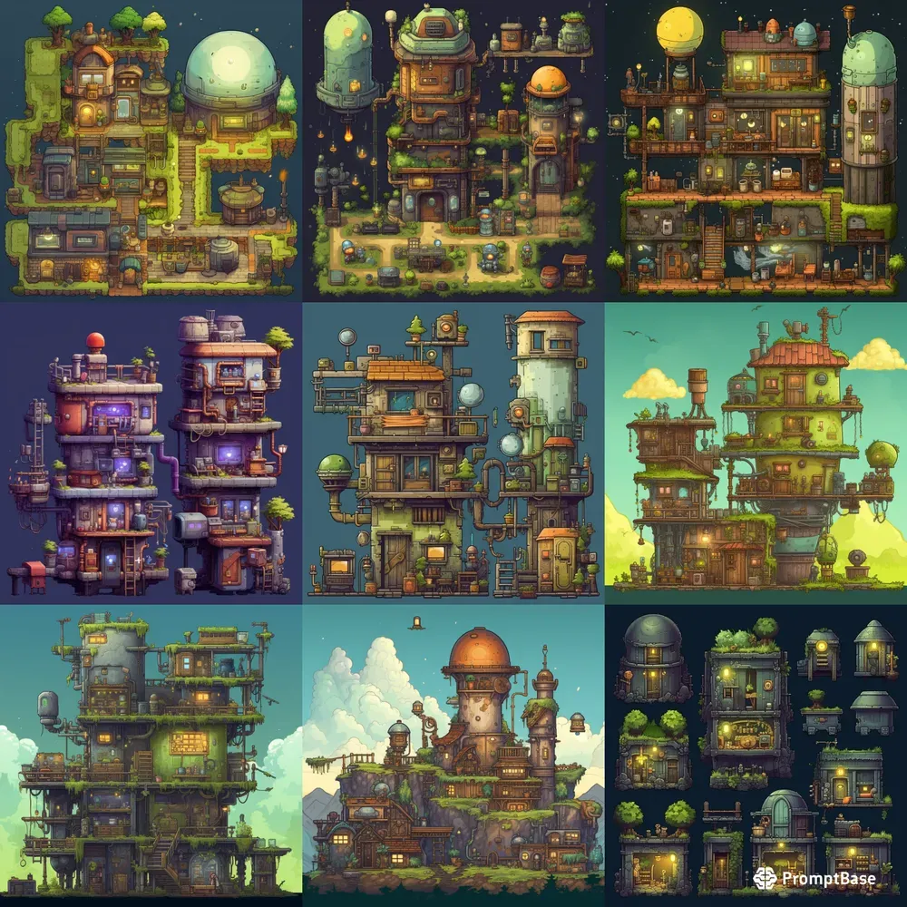 2D Tilemaps Of Steampunk Buildings Midjourney Prompt | PromptBase