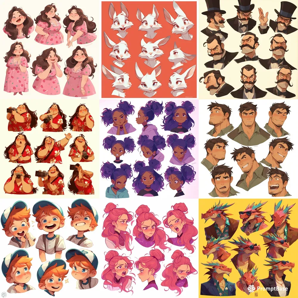 Character Facial Expression Sheets Midjourney Prompt | PromptBase