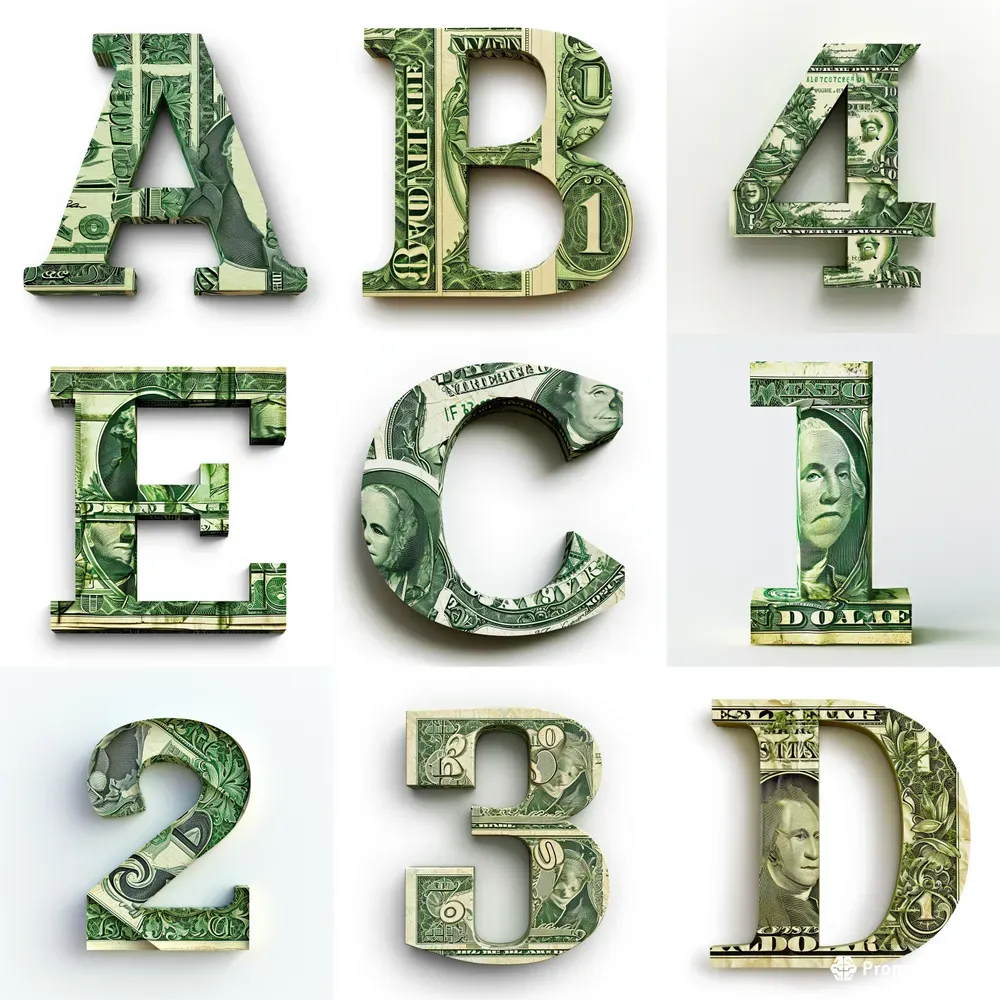 Alphabet Text Money Letters And Numbers Midjourney Prompt | PromptBase