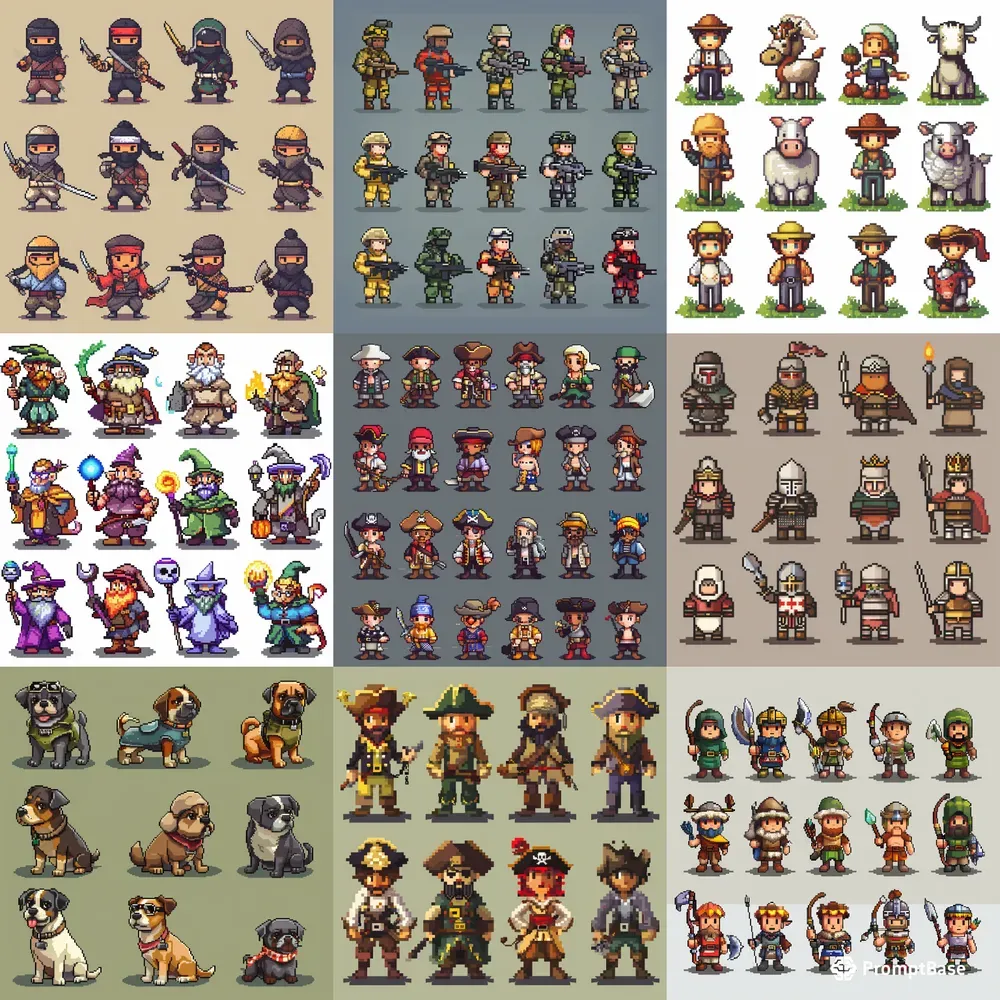 Simple Pixel Video Game Character Sets Midjourney Prompt | PromptBase