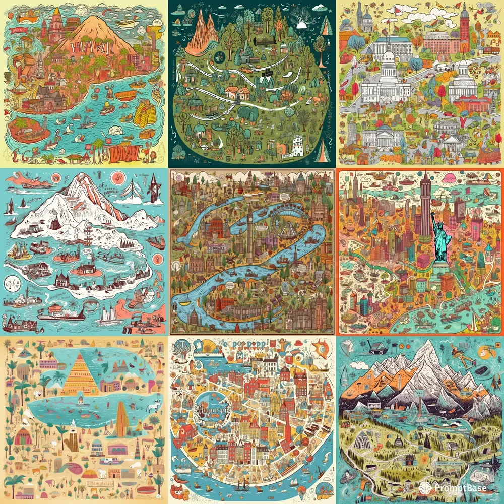 Fun Creative Travel Map Posters Midjourney Prompt | PromptBase