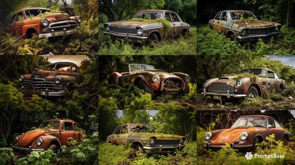 Old Rusty Overgrown Cars Photographs Midjourney Prompt | PromptBase
