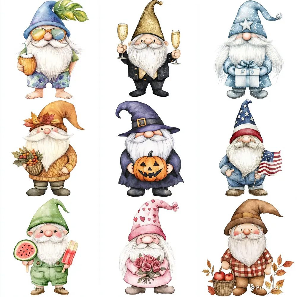 Watercolor Seasonal Gnomes Clipart Midjourney Prompt | PromptBase